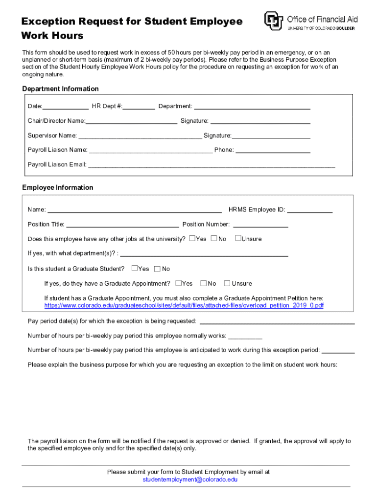 Fillable Online Exception Request for Student Employee Work Hours Fax Email Print - pdfFiller