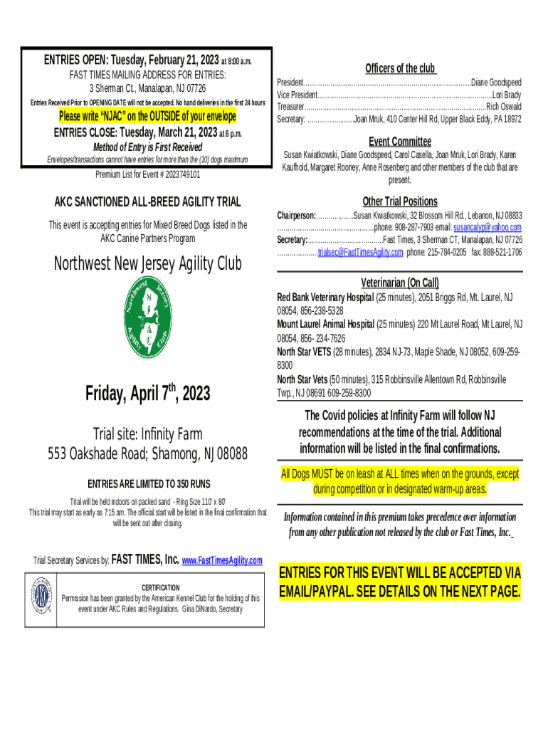 Akc Sanctioned All-breed Agility Trial Entry Doc Template | pdfFiller