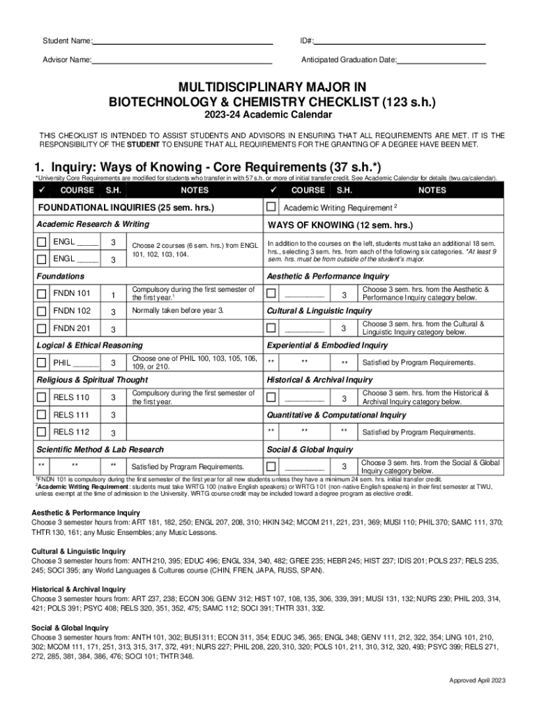 Fillable Online Biotech-Chem-Multidisciplinary-Major Checklist Fax Email Print - pdfFiller