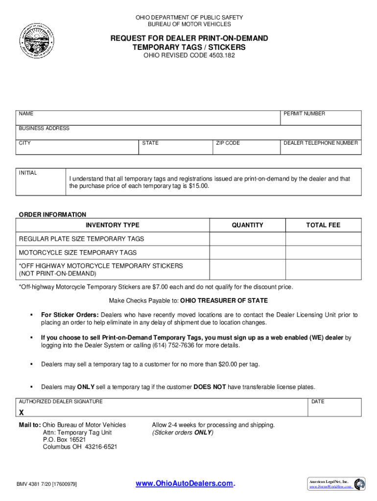 Fillable Online Ohio Dealer Print-on-demand Temporary Tags Request 2023 ...