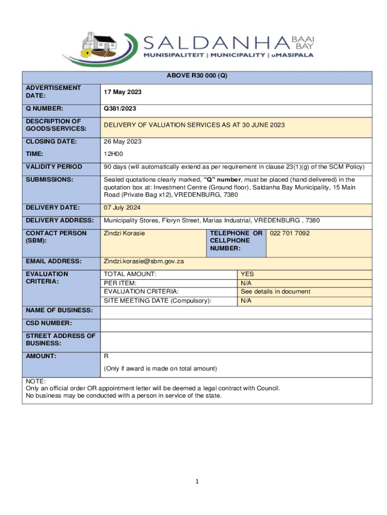Fillable Online Valuation Services Quotation for Saldanha Bay Municipality 2023 Fax Email Print ...
