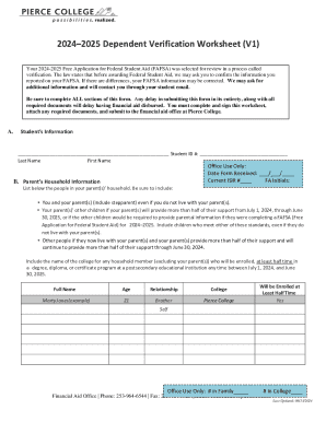 Fillable Online 2024-2025 Dependent Verification Worksheet for Fafsa Fax Email Print - pdfFiller
