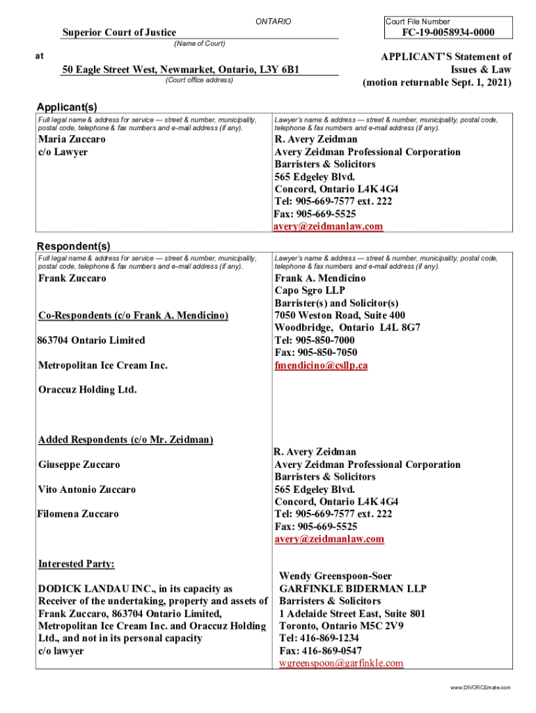 Fillable Online Ontario Superior Court 2021 Applicant’s Statement of ...