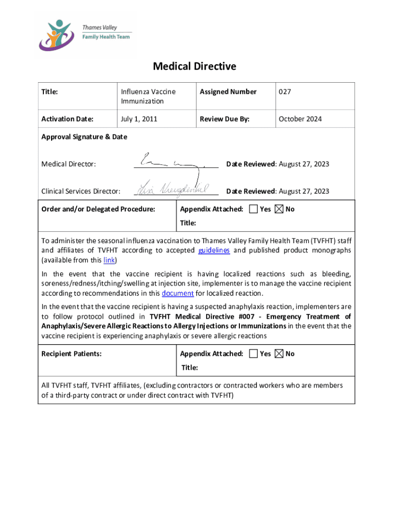 Fillable Online Influenza Vaccine Immunization Directive 2023 Fax Email ...