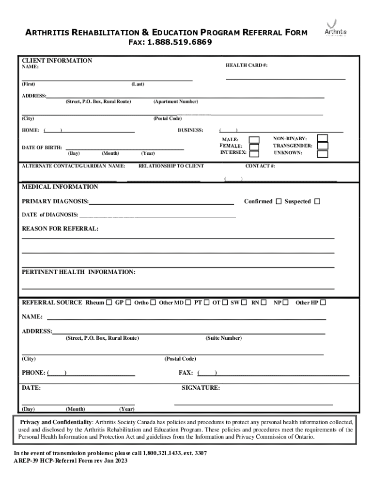 Fillable Online Arthritis Rehabilitation & Education Program Referral Form Fax Email Print ...