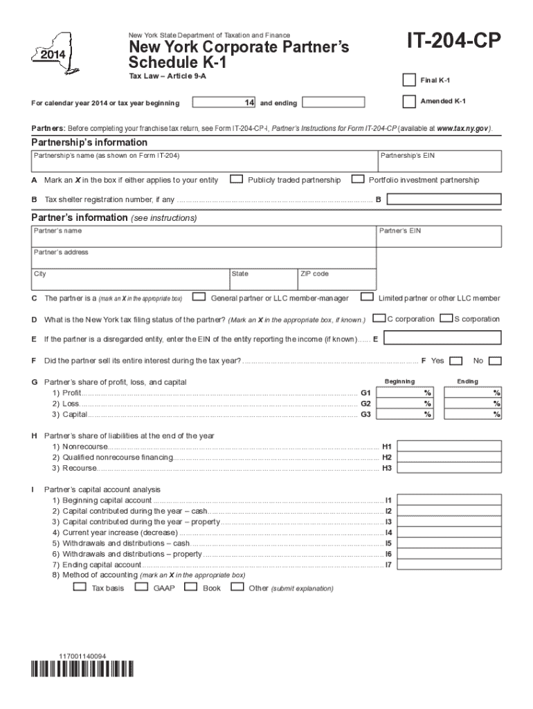 Fillable Online Form IT-204-CP:2014:New York Corporate Partner\'s ...