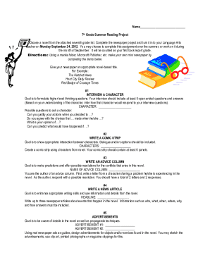 Fillable Online 7th Grade Summer Reading Project 2012: Create Your Mini ...