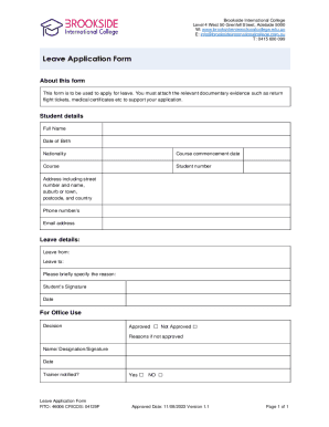 Fillable Online Leave Application Form for Brookside International College 2023 Fax Email Print ...