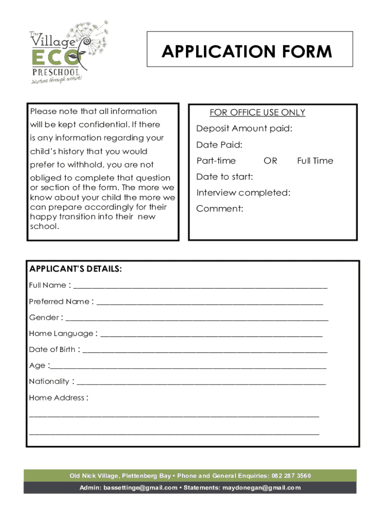 Fillable Online School Application Form for the Village Eco-preschool 2023 Fax Email Print ...