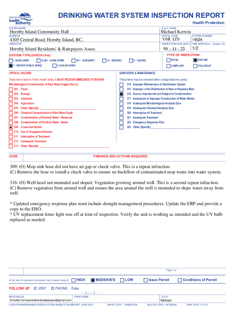 Fillable Online Drinking Water System Inspection - My Health Department ...