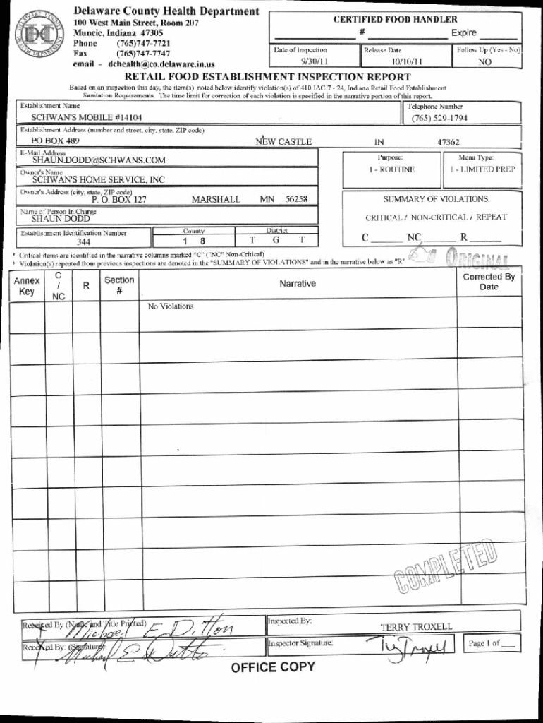 Fillable Online Delaware County 2011 Retail Food Establishment ...