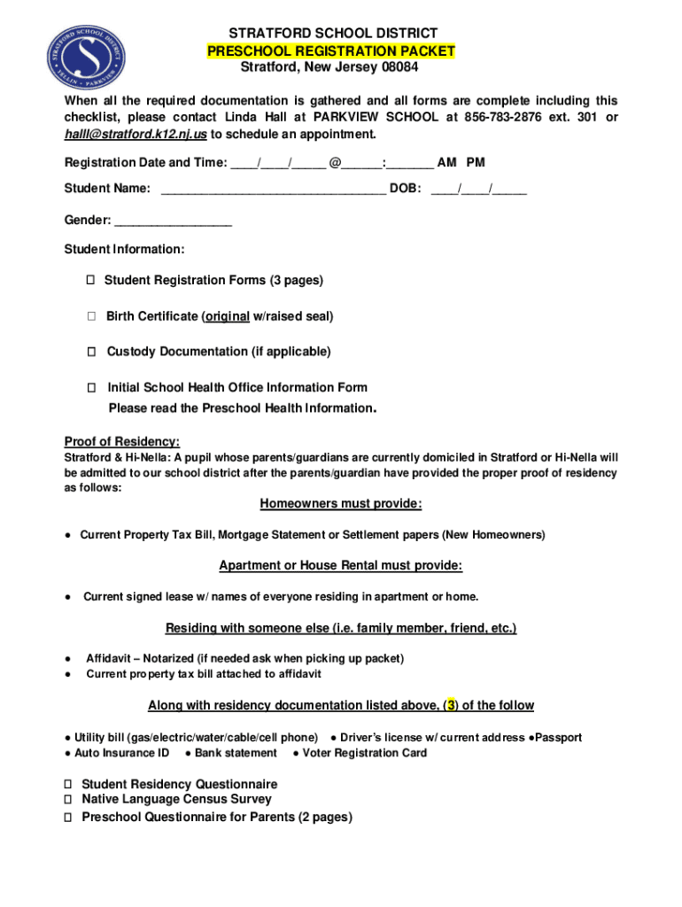 Fillable Online Stratford School District Preschool Registration Packet ...