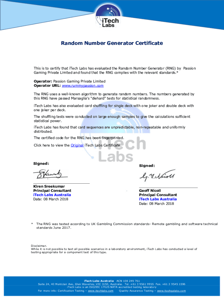 Fillable Online Random Number Generator Certificate by Itech Labs ...