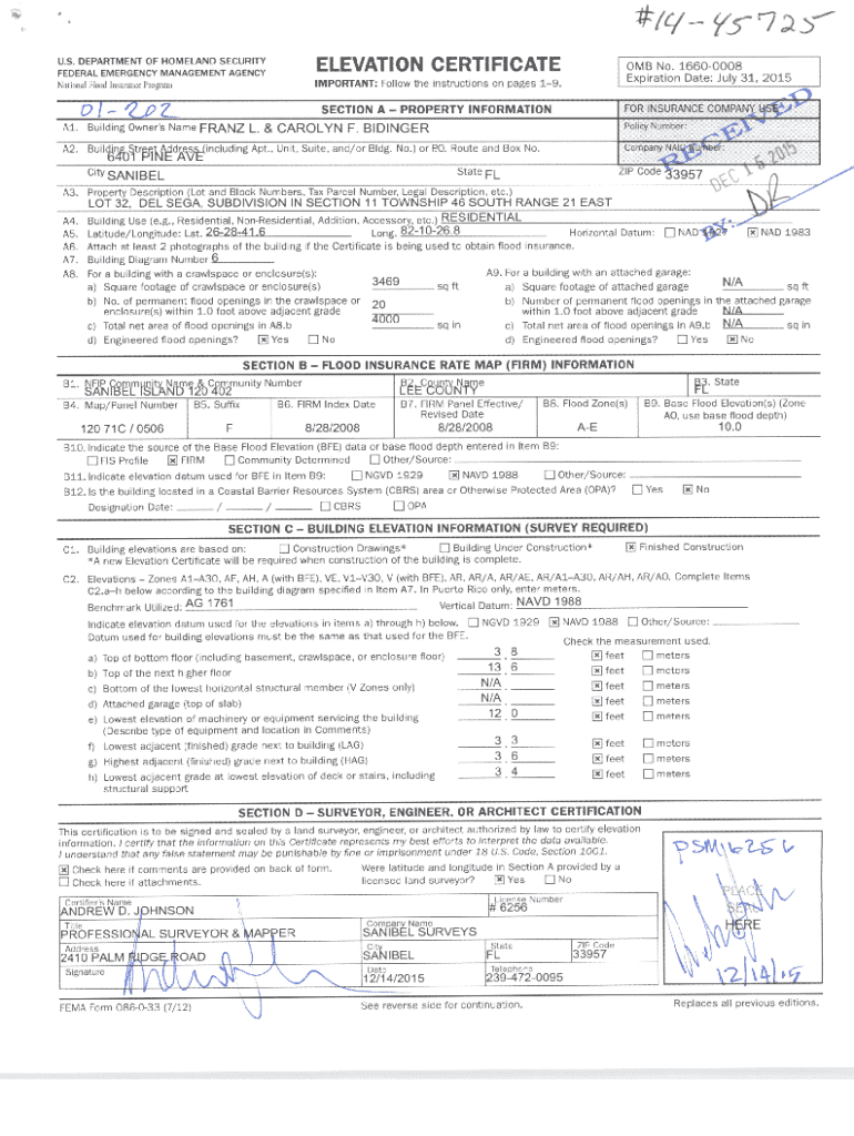 Fillable Online Elevation Certificate for Flood Insurance 2015 Fax ...