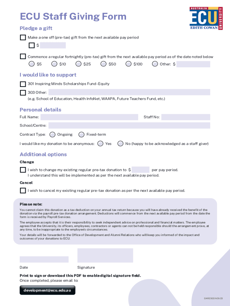Fillable Online ECU Staff Giving Salary Sacrifice Agreement Form. ECU Staff Giving Salary ...