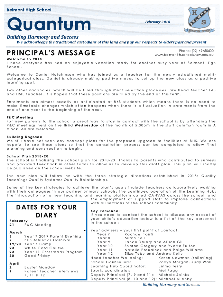Fillable Online Belmont High School Quantum Newsletter 2018 - Building Harmony and Success Fax ...