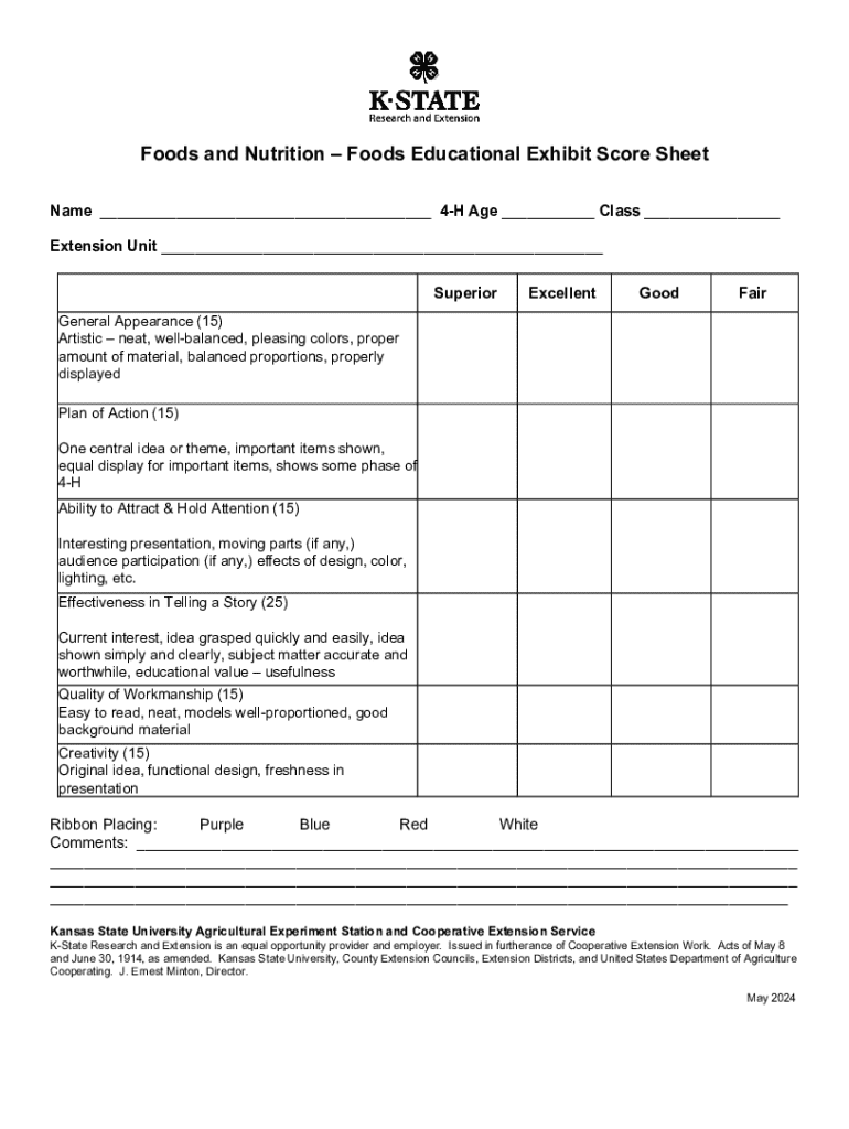 Fillable Online Foods and Nutrition Foods Educational Exhibit Score ...