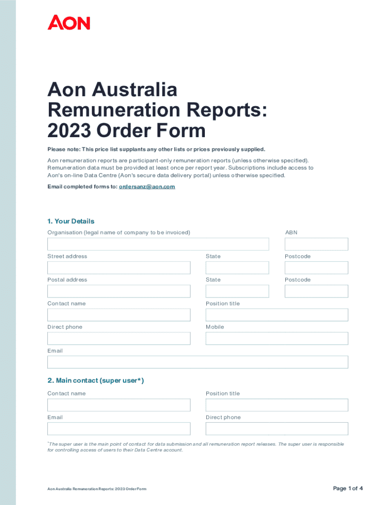 Fillable Online Aon Australia Remuneration Reports Order Form 2023 - Pricing & Subscription Fax ...