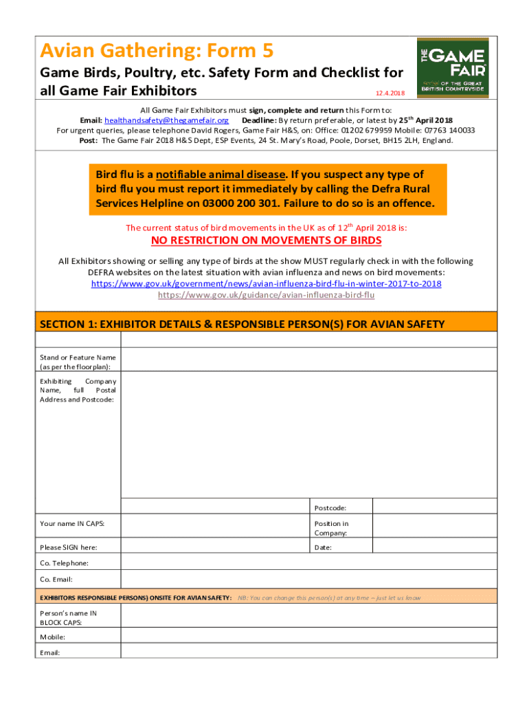 Fillable Online Avian Gathering Safety Form and Checklist for Game Fair ...
