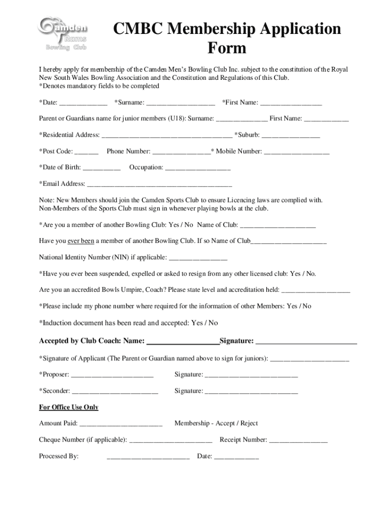 Fillable Online Camden Men's Bowling Club Membership Application 2023 ...