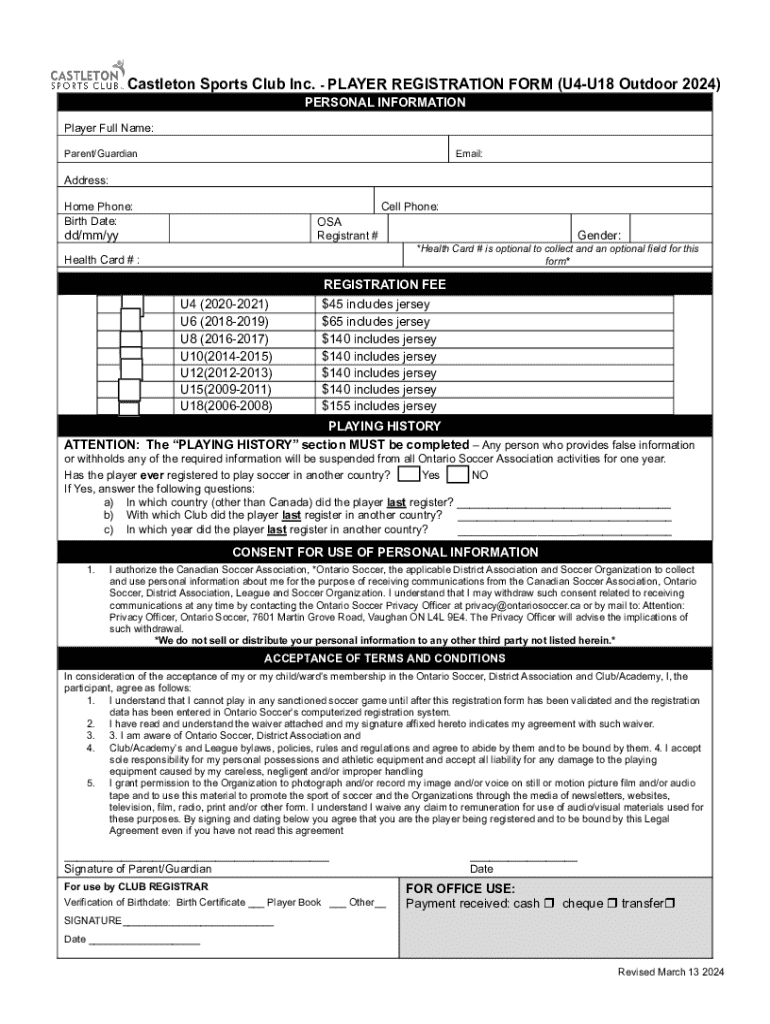 Fillable Online Castleton Sports Club Player Registration Form for ...