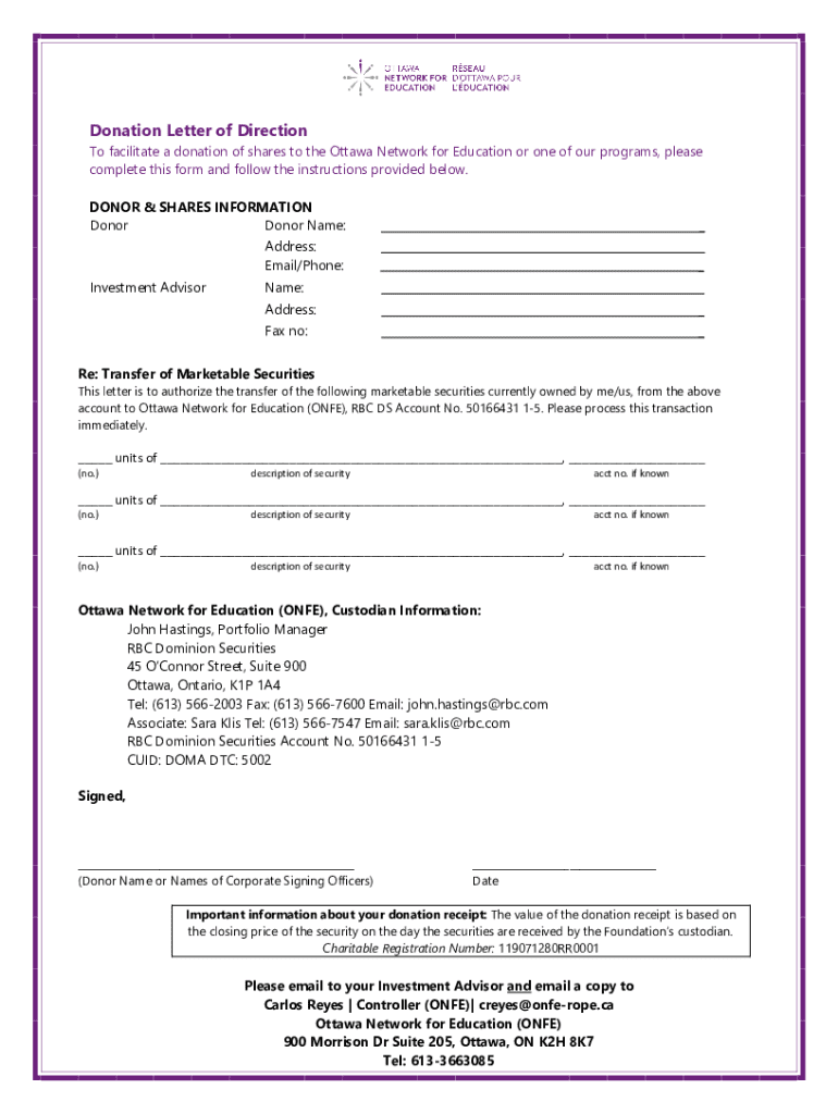 Fillable Online Donation Letter of Direction for Marketable Securities ...
