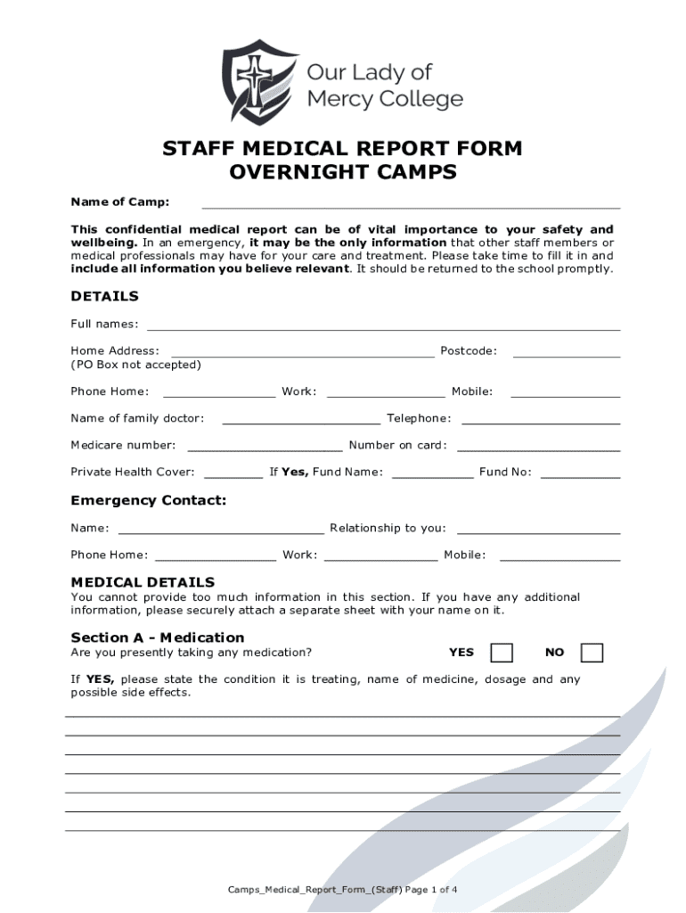 Fillable Online MEDICAL REPORT FORM CAMPS AND EXCURSIONS Fax Email ...