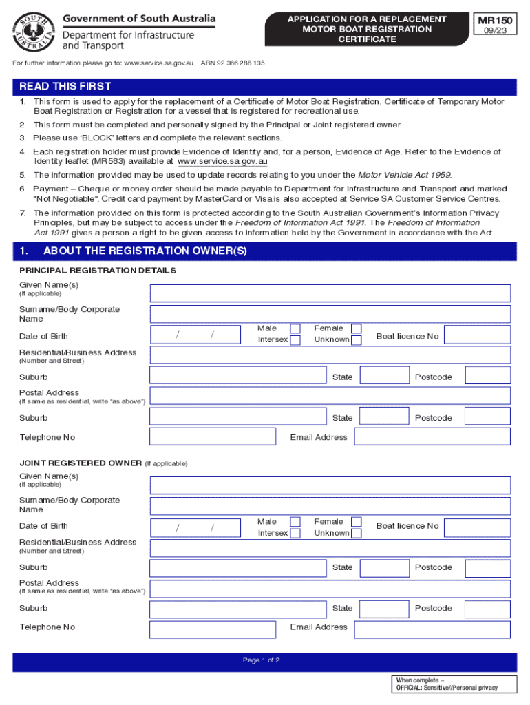 Fillable Online Application for a replacement motor boat registration certificate. Application ...