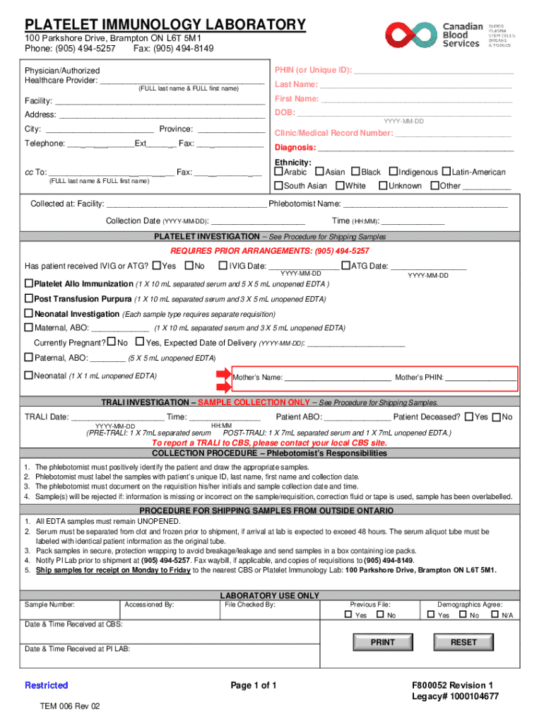 Fillable Online Platelet Immunology Laboratory Requisition Form 2023 Fax Email Print - pdfFiller