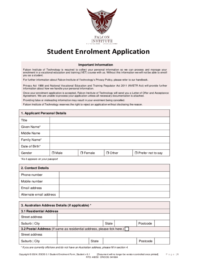 Fillable Online 2024 Student Enrolment Application Form for Vocational Education Fax Email Print ...