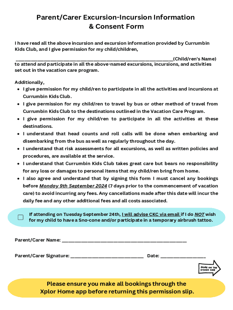 Fillable Online 2024 Parent/carer Excursion Consent Form for Currumbin Kids Club Fax Email Print ...