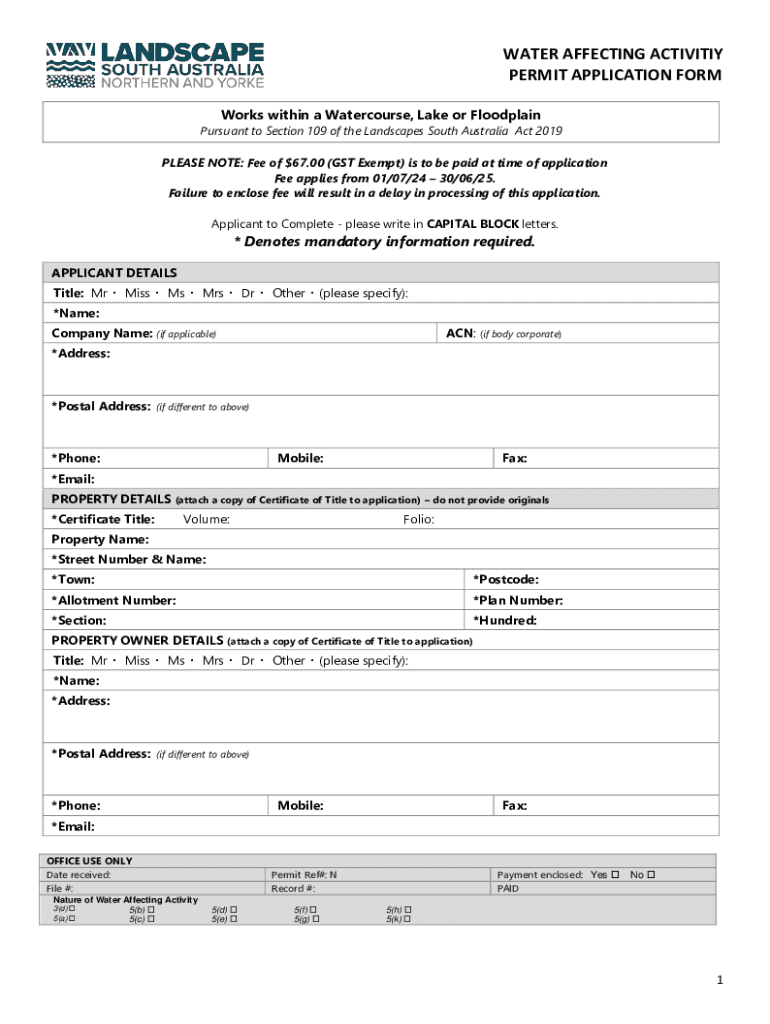 Fillable Online Water Affecting Activity Permit Application 2024 | Sa ...
