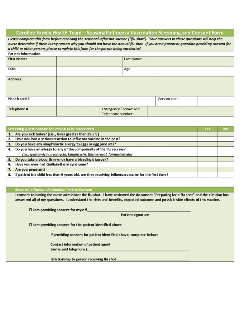 Fillable Online Seasonal Influenza Vaccination Consent Form 2023 Fax ...