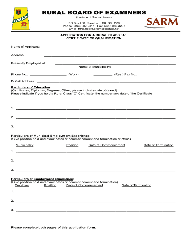 Fillable Online Application for Rural Class a Certificate of ...