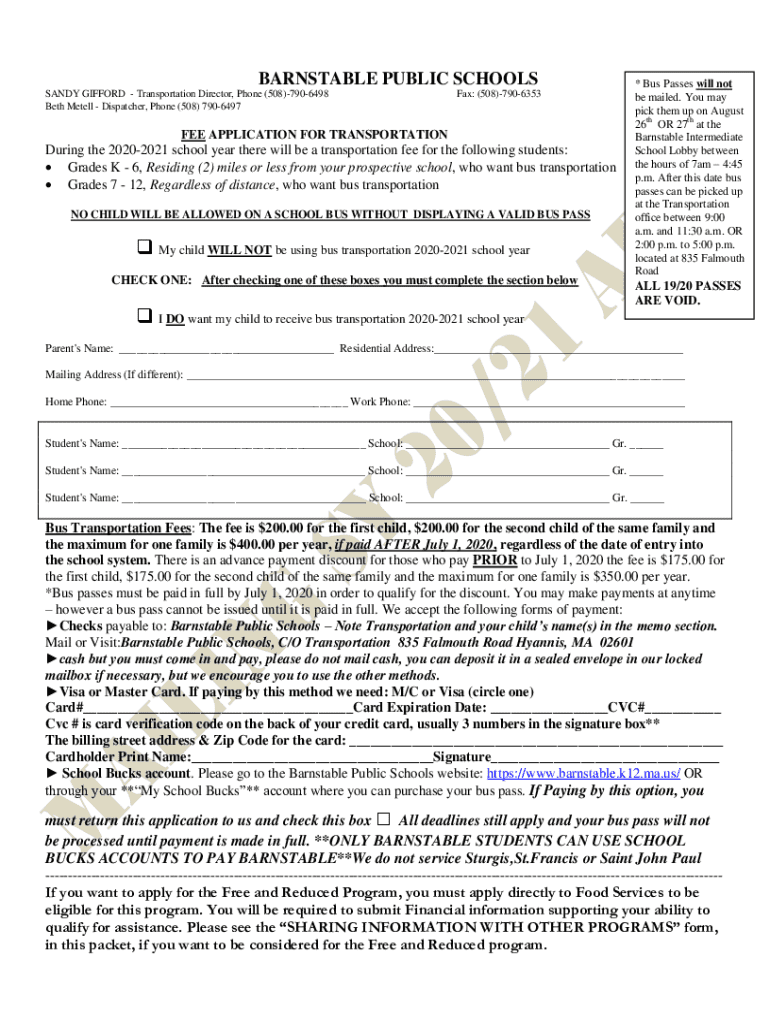 Fillable Online Barnstable Public Schools Transportation Fee Application 2020-2021 Fax Email ...