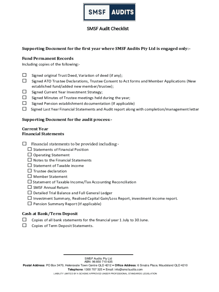 Fillable Online 2023 Smsf Audit Checklist for Fund Documentation Fax ...