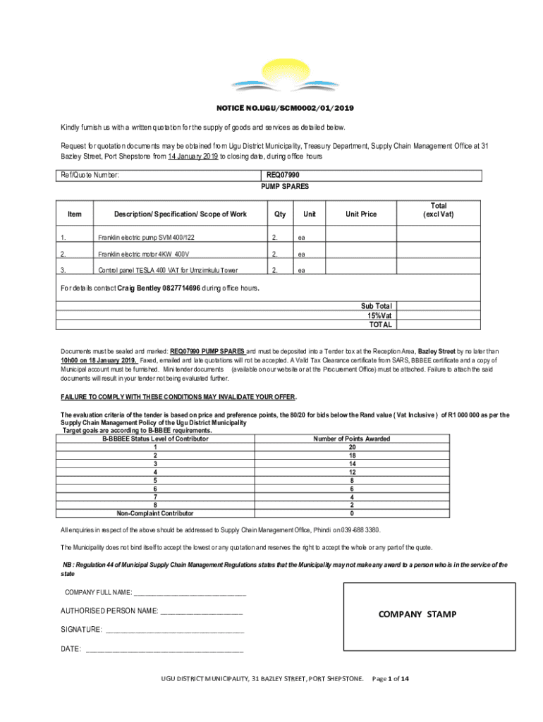 Fillable Online Quotation Invitation for Pump Spares Supply - Ugu District Municipality 2019 Fax ...