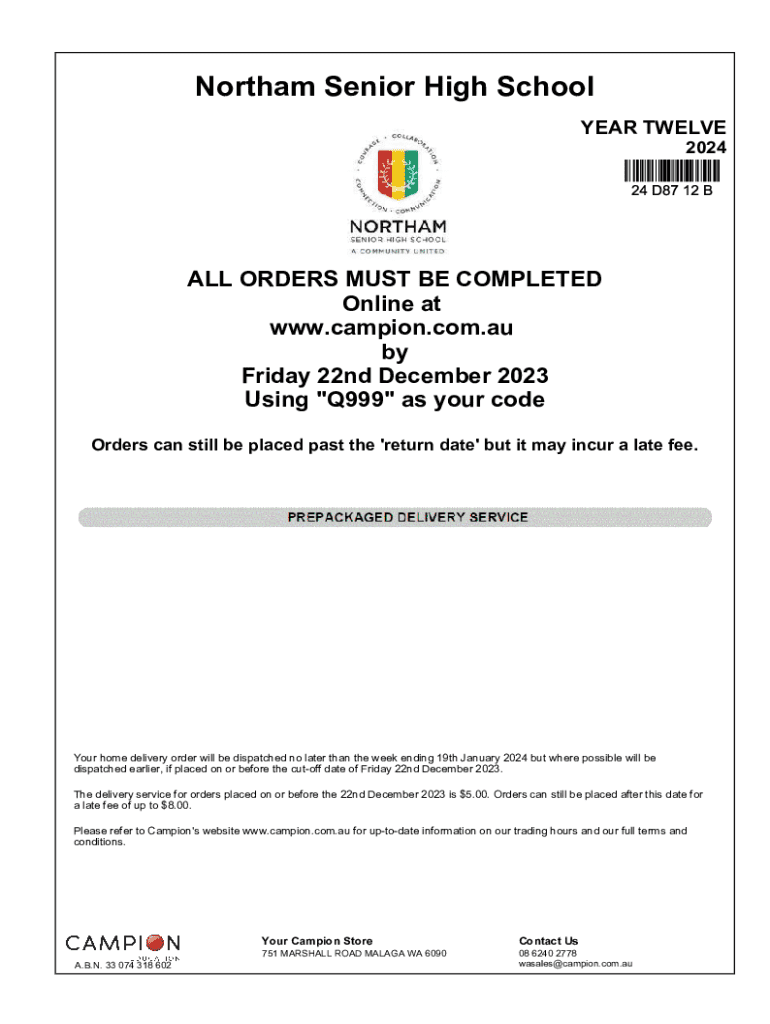 Fillable Online 2024 Northam Senior High School Year Twelve Order Form Fax Email Print - pdfFiller