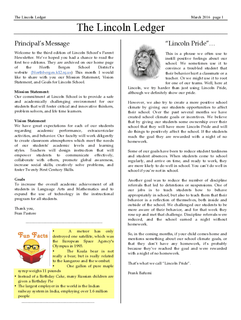 Fillable Online Lincoln School Parent Newsletter - March 2016 Edition Fax Email Print - pdfFiller