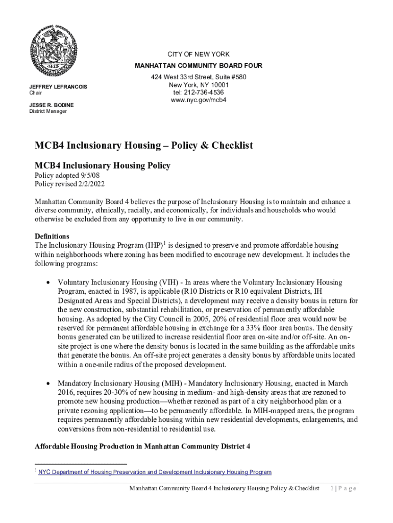 Fillable Online Mcb4 Inclusionary Housing Policy & Checklist 2022 Fax ...