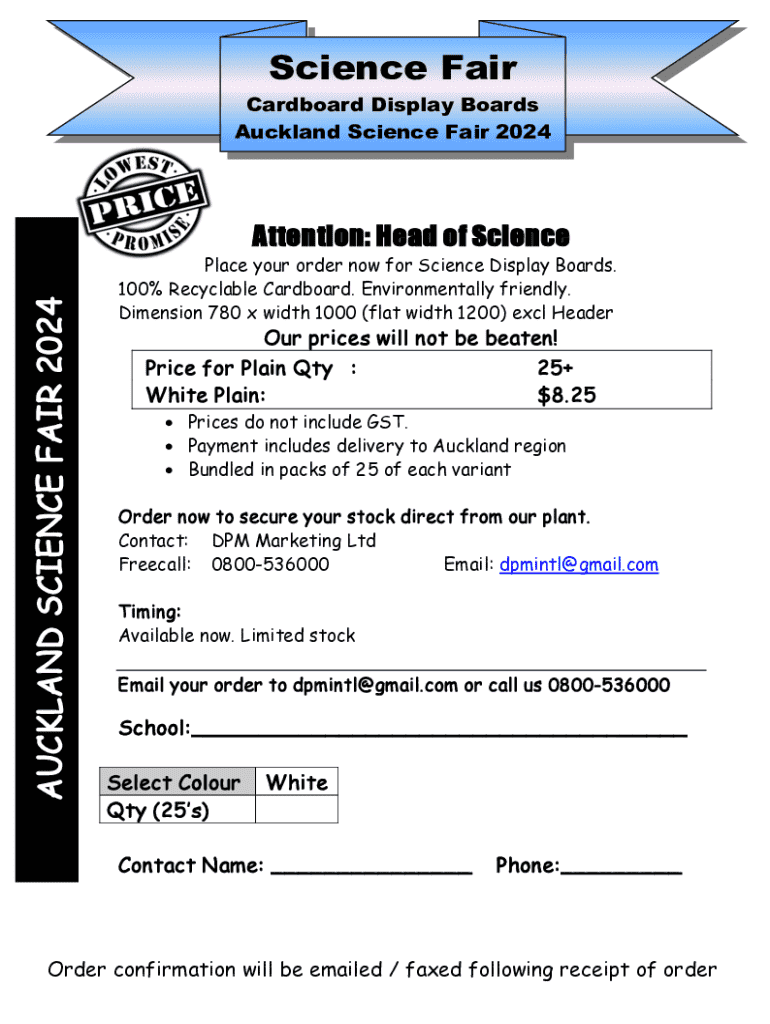Fillable Online Order Science Display Boards - Auckland Science Fair ...