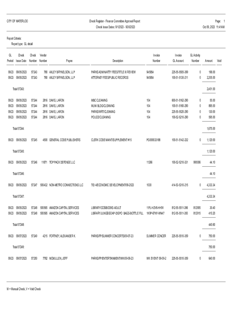 Fillable Online Check Register Report for City of Waterloo - September ...