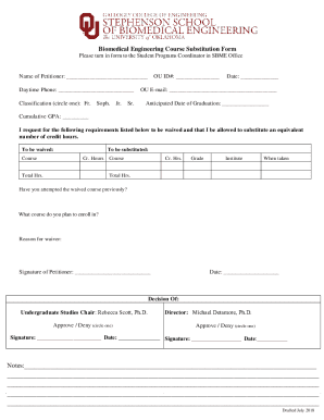 Fillable Online Biomedical Engineering Course Substitution Form 2018 - Request Waiver Fax Email ...