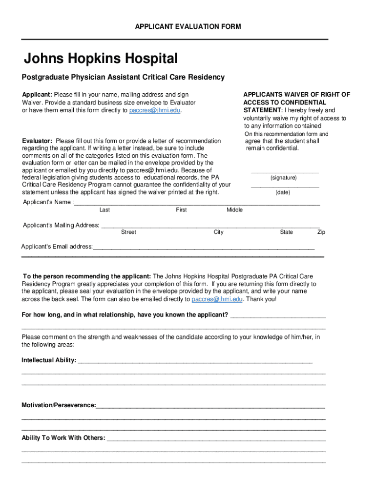 Fillable Online Johns Hopkins Hospital 2023 Applicant Evaluation Form ...