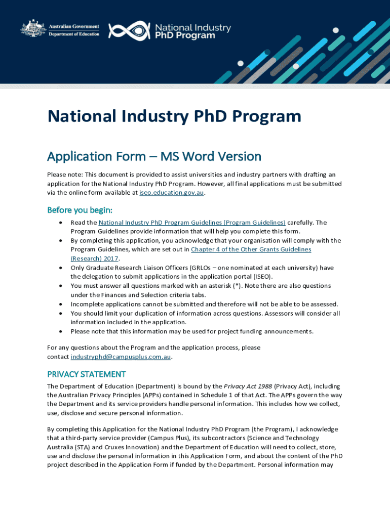 Fillable Online National Industry Phd Program Application Form 2023 Fax Email Print - pdfFiller