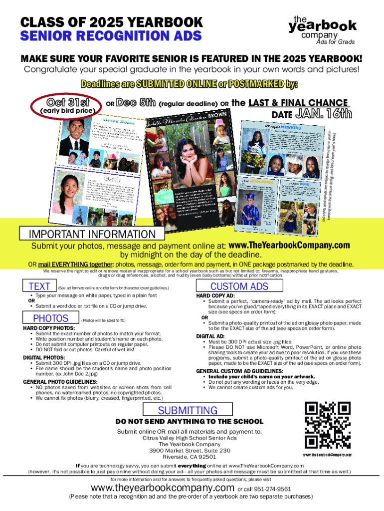 Fillable Online 2025 Senior Recognition Ads for Citrus Valley High ...