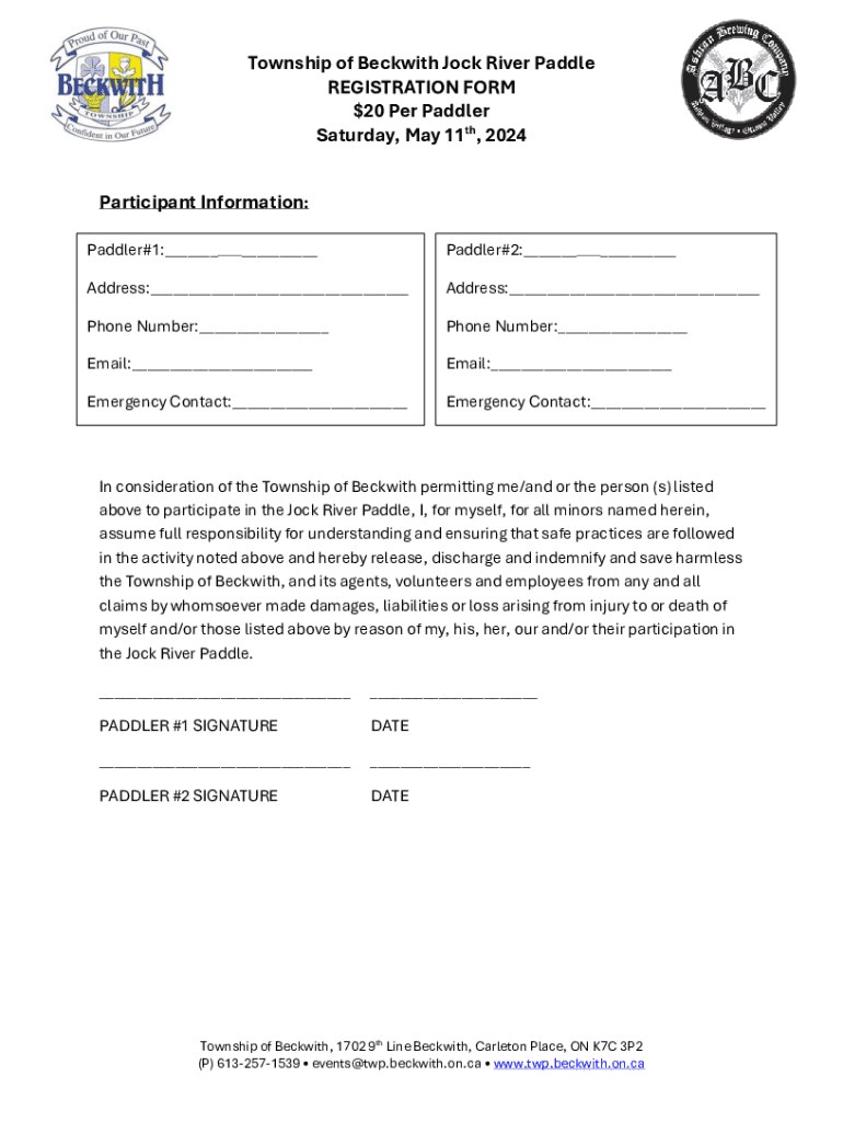Fillable Online Beckwith Jock River Paddle Registration Form 2024 Fax ...