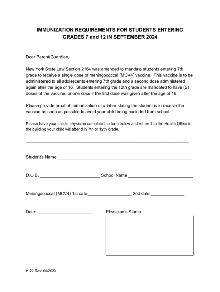 Fillable Online NYS Immunization Reminder for Students Entering Grades ...