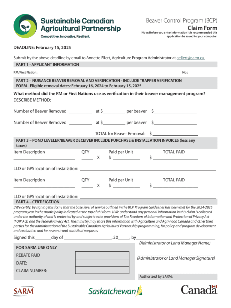 Fillable Online Beaver Control Program Claim Form 2024-2025 - Nuisance Beaver Removal Fax Email ...