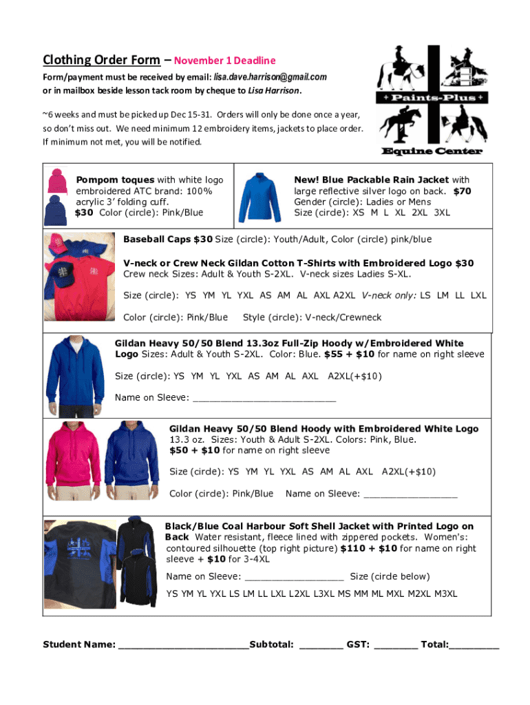 Fillable Online 2023 Clothing Order Form - November 1 Deadline for ...